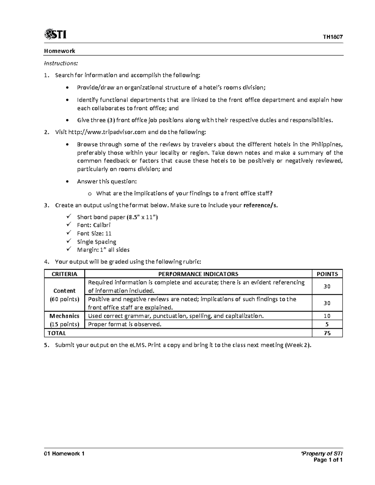 01 Homework 1 - need this answer - TH 01 Homework 1 *Property of STI ...