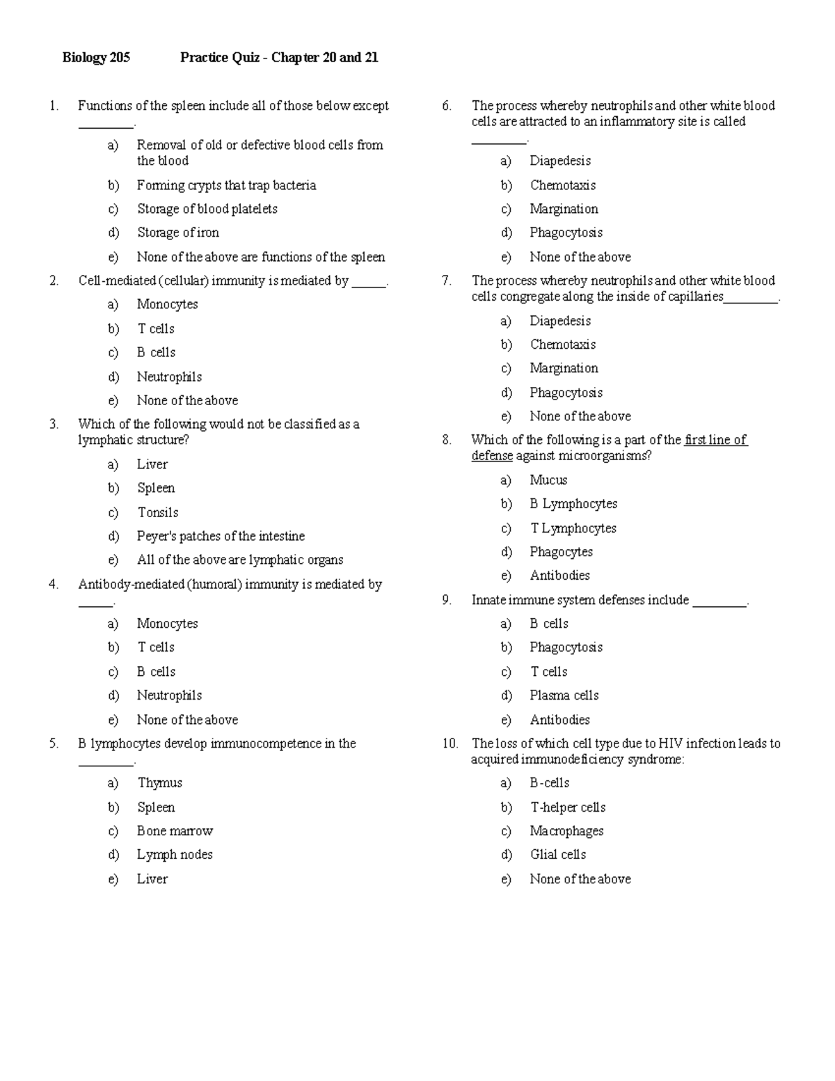 Chapter 20-21 Practice - Biology 205 Practice Quiz - Chapter 20 and 21 ...