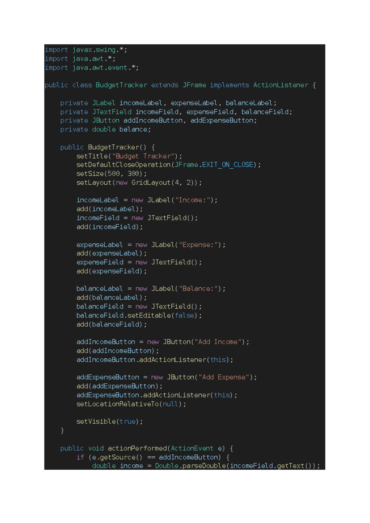 Budget Tracker Gropu Project Import Javax Import Java Import Javaawt Public Class