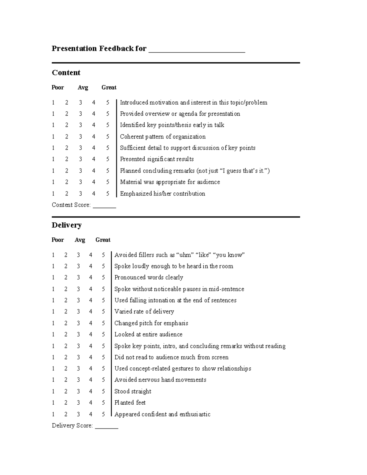 Sample presentation feedback - Presentation Feedback for Content Poor ...