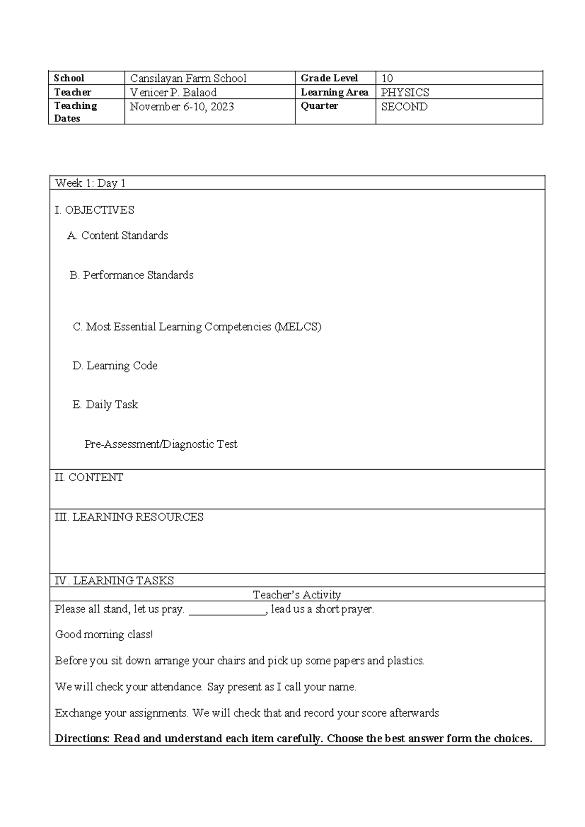 Grade 10 Science LP Week 1 - School Cansilayan Farm School Grade Level ...
