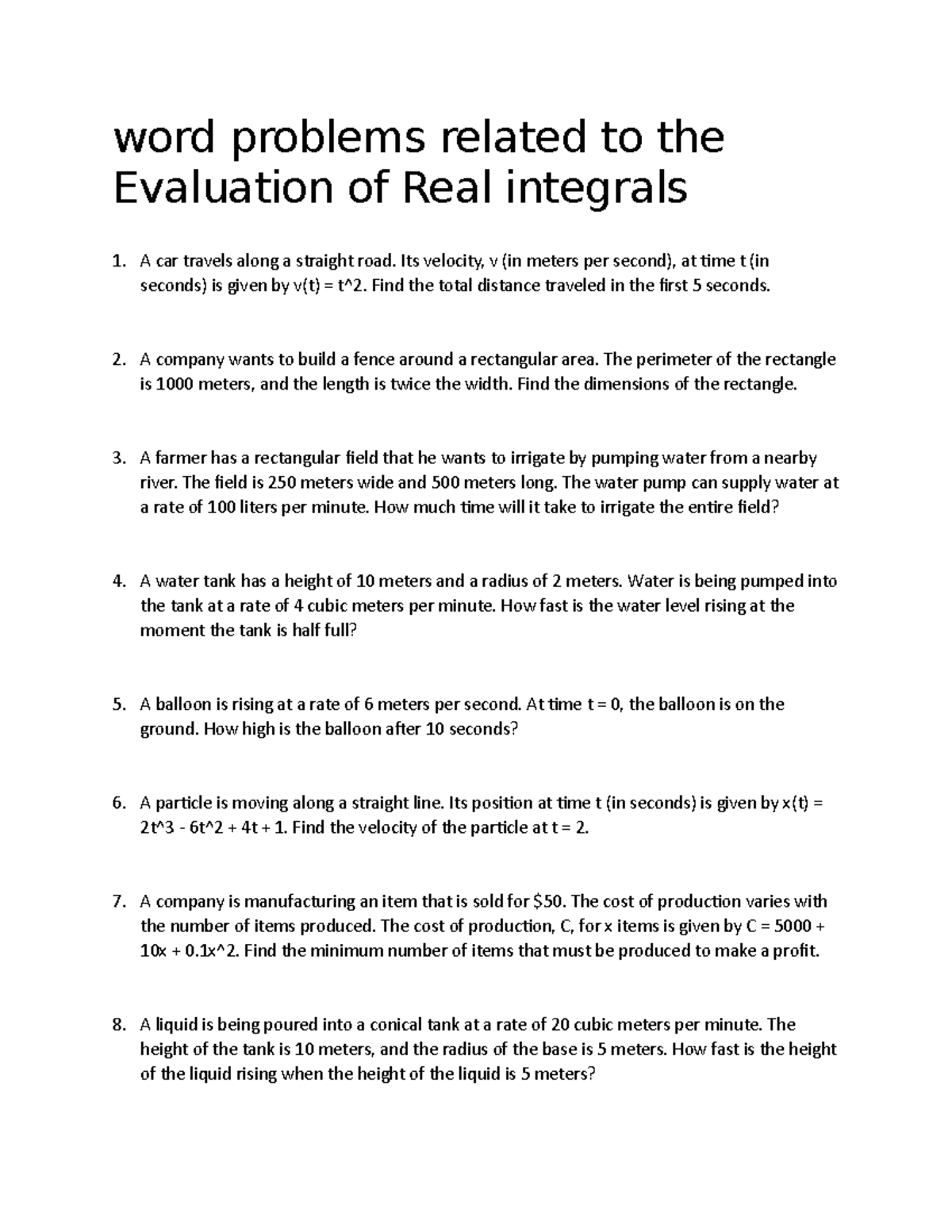 Word problems related to the Evaluation of Real integrals - Its ...
