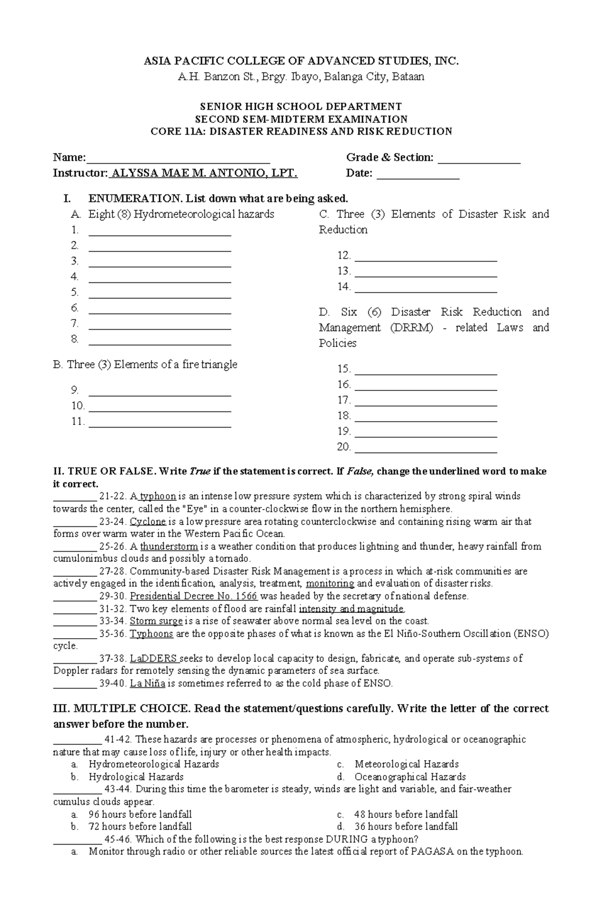 CORE 11A 2ND PT - ASIA PACIFIC COLLEGE OF ADVANCED STUDIES, INC. A ...