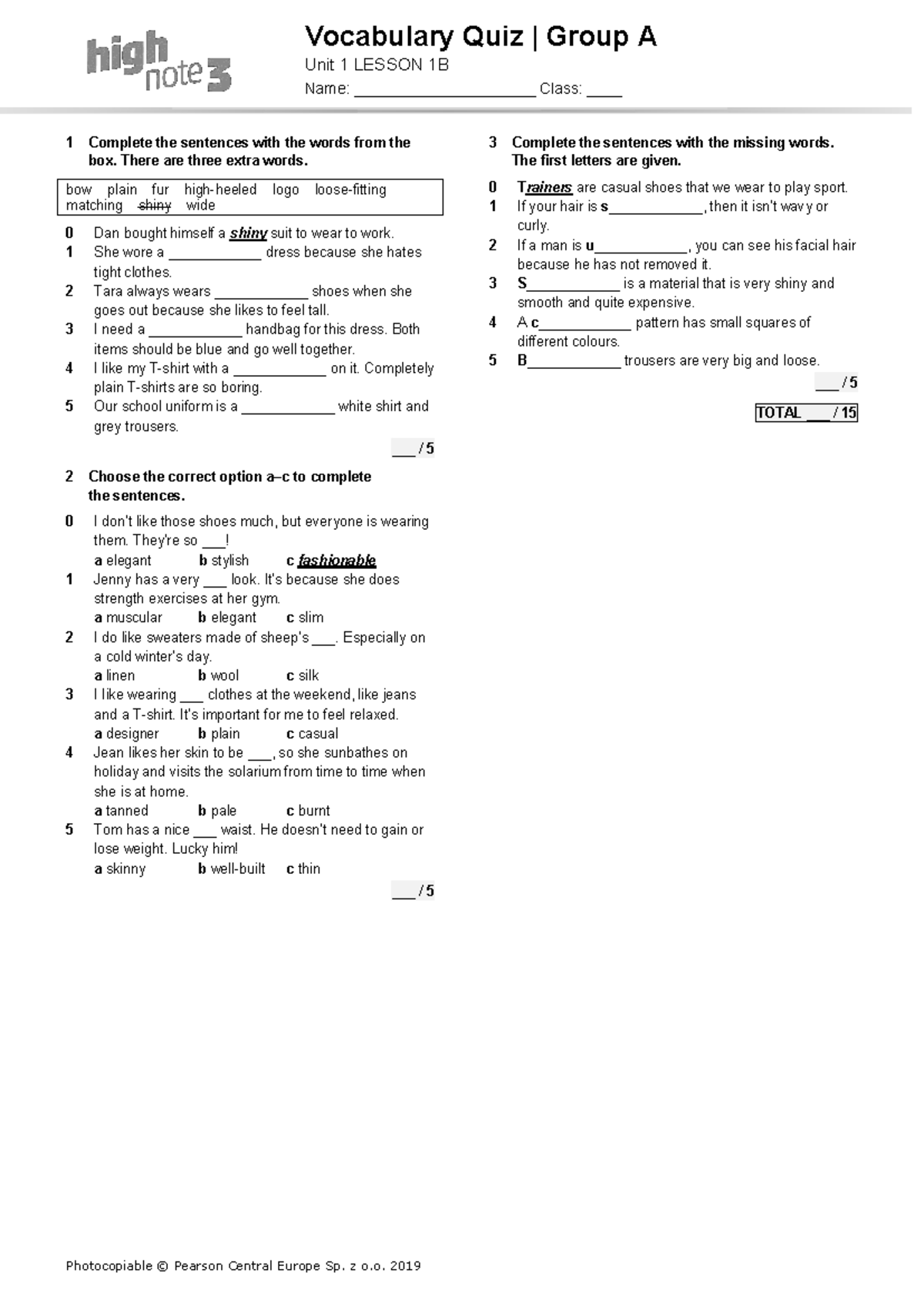 High Note 3 U1B Vocabulary Quiz A - Vocabulary Quiz | Group A Unit 1 ...