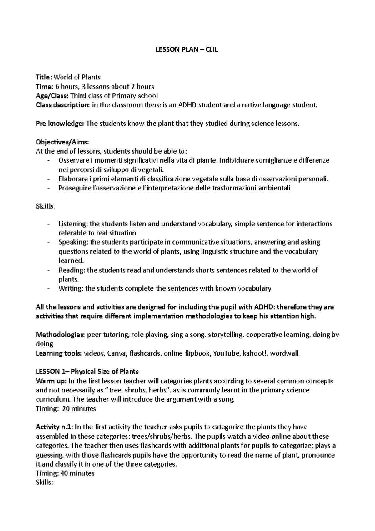 Lesson Plan CLIL. docx - LESSON PLAN – CLIL Title: World of Plants Time ...