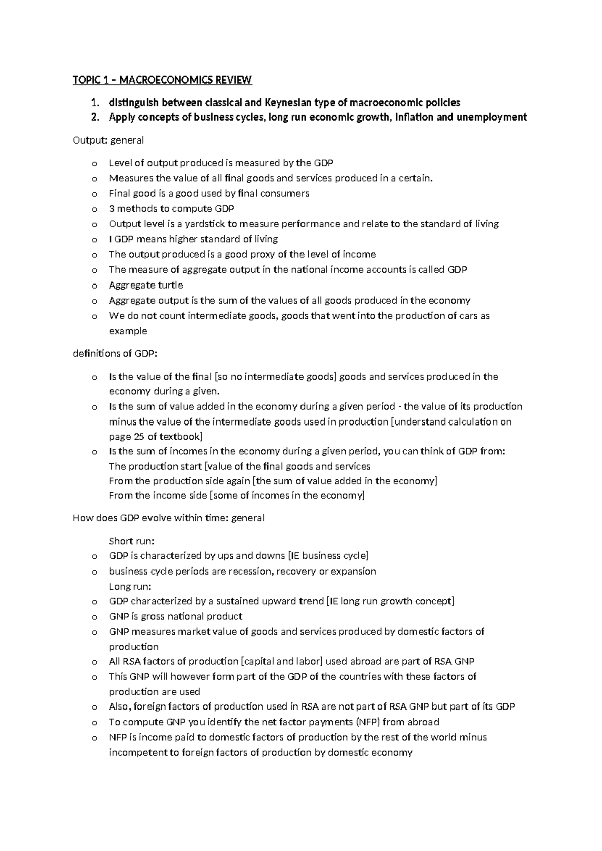 Summaries Macroeconomics - TOPIC 1 – MACROECONOMICS REVIEW distinguish ...