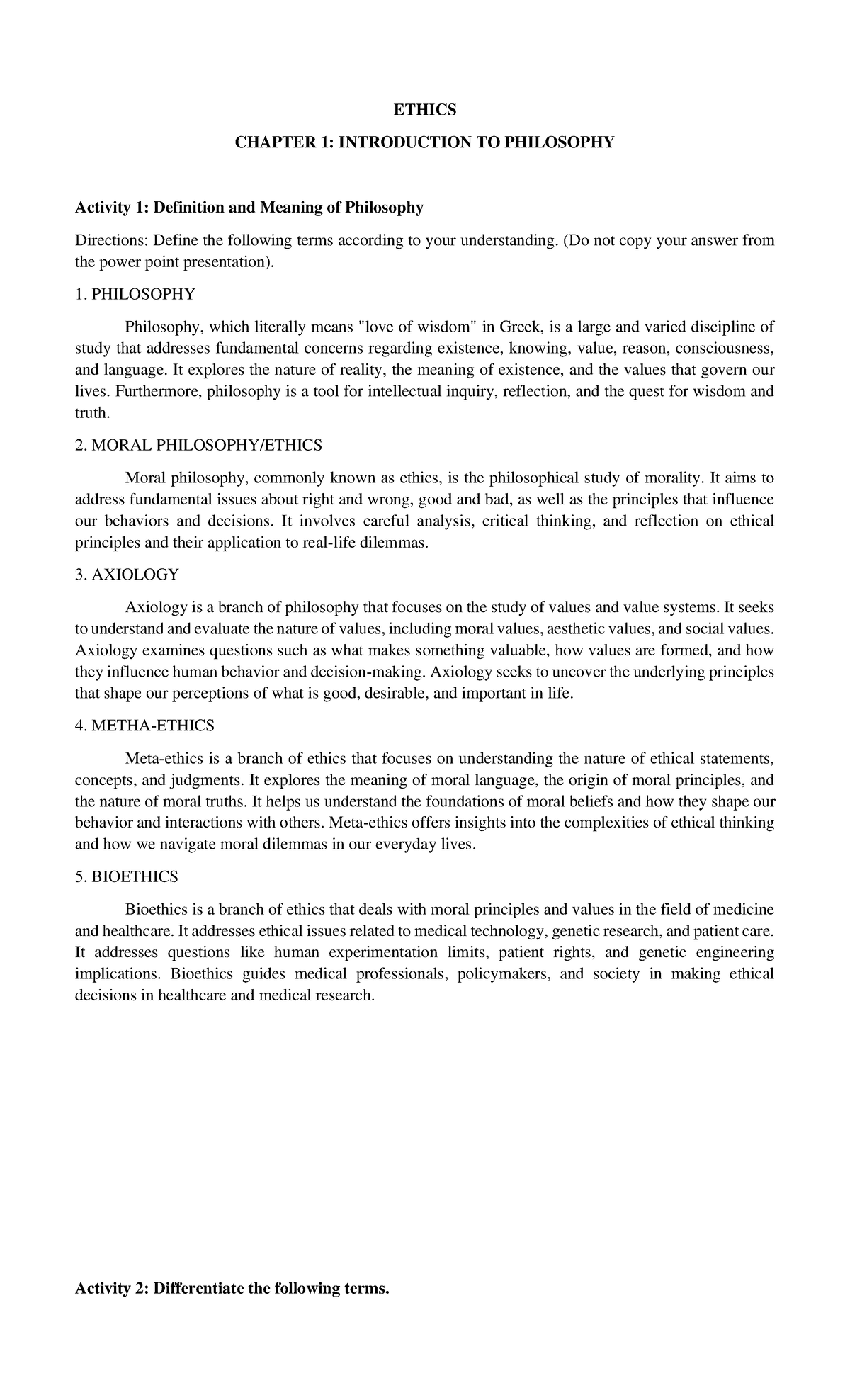 Ethics Chapter 1 ( Prelims Activity) - ETHICS CHAPTER 1: INTRODUCTION ...