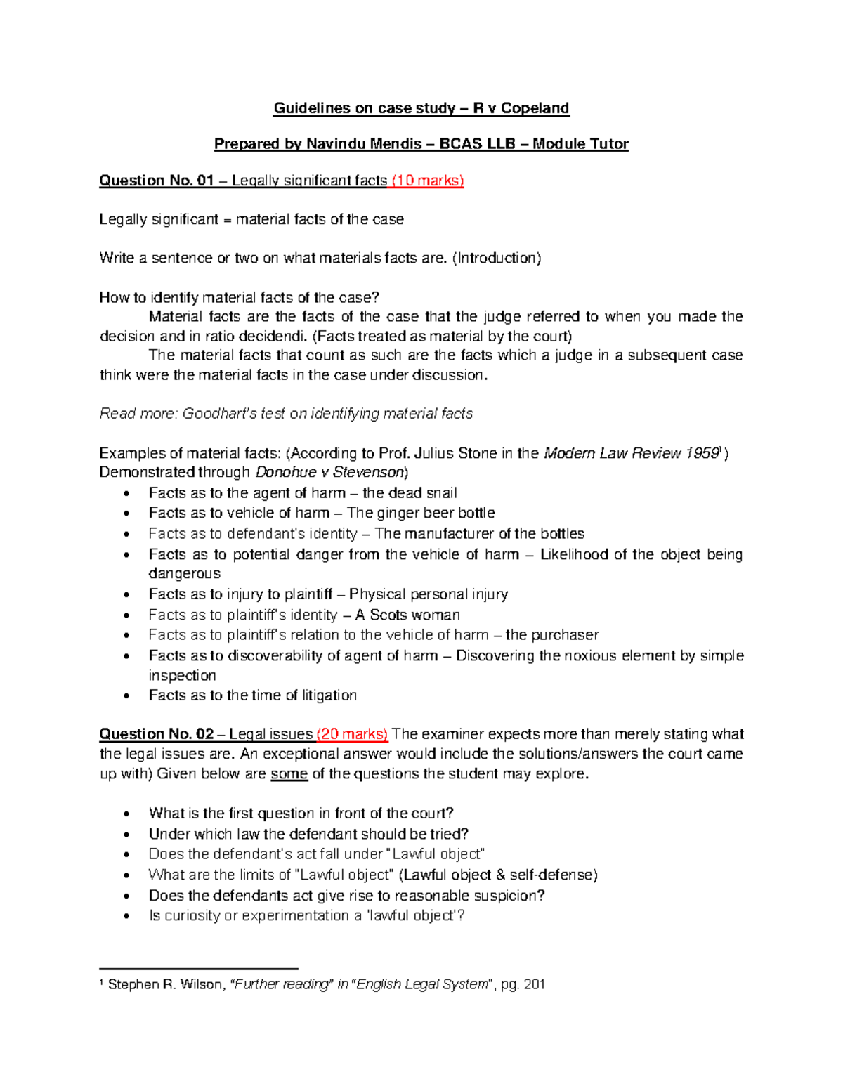 Guidelines on case study - 01 – Legally significant facts (10 marks ...