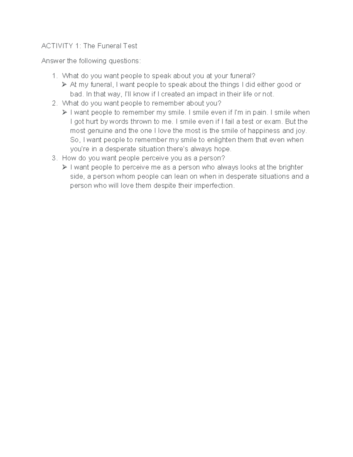 Activity 1 - Funeral test - ACTIVITY 1: The Funeral Test Answer the ...