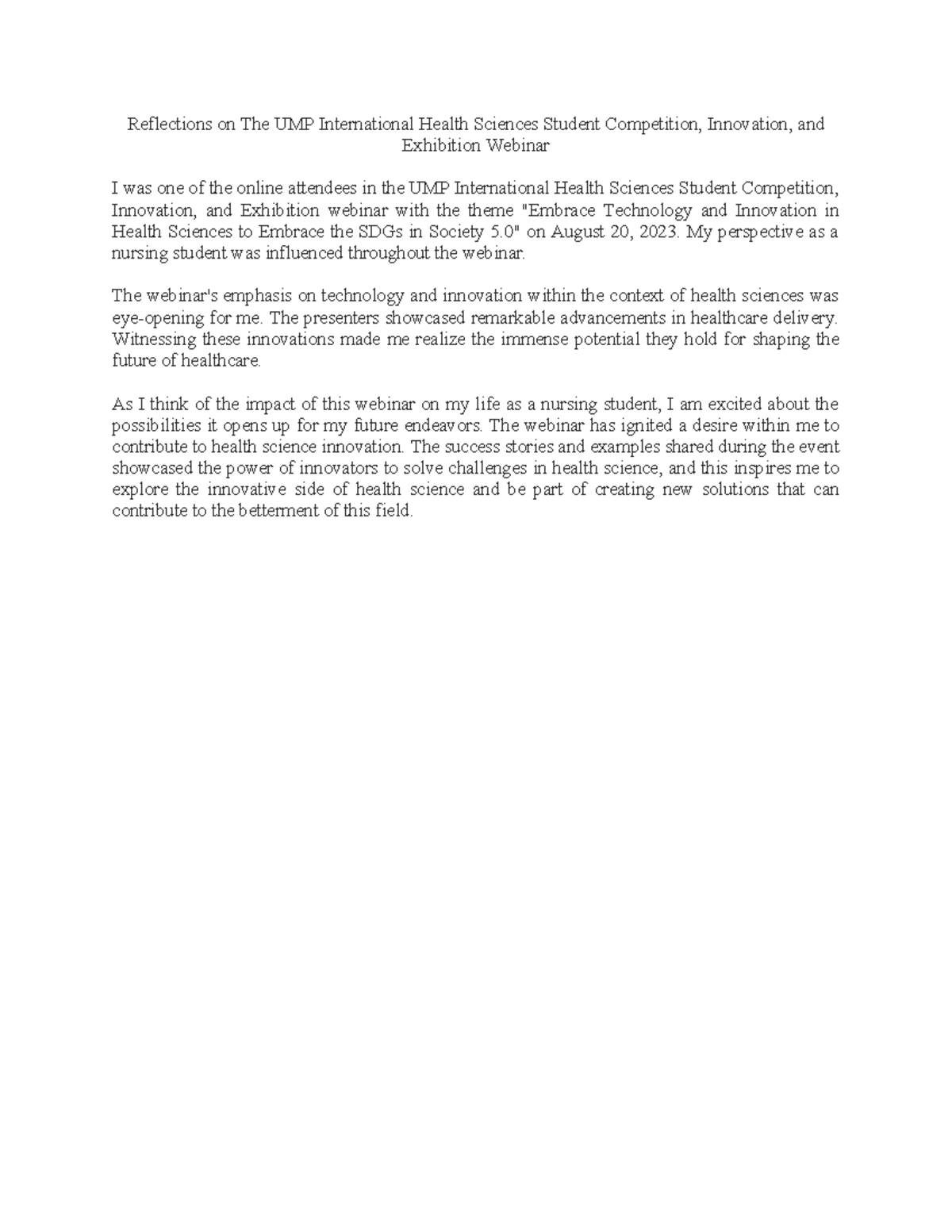 Reflections on The UMP International Health Sciences Student ...