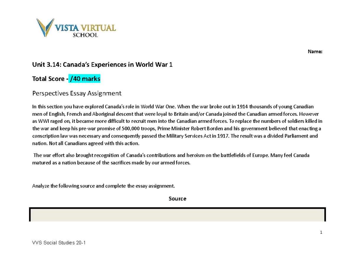 Soc20 1 outline essay - Example templates - Name: Unit 3: Canada’s ...