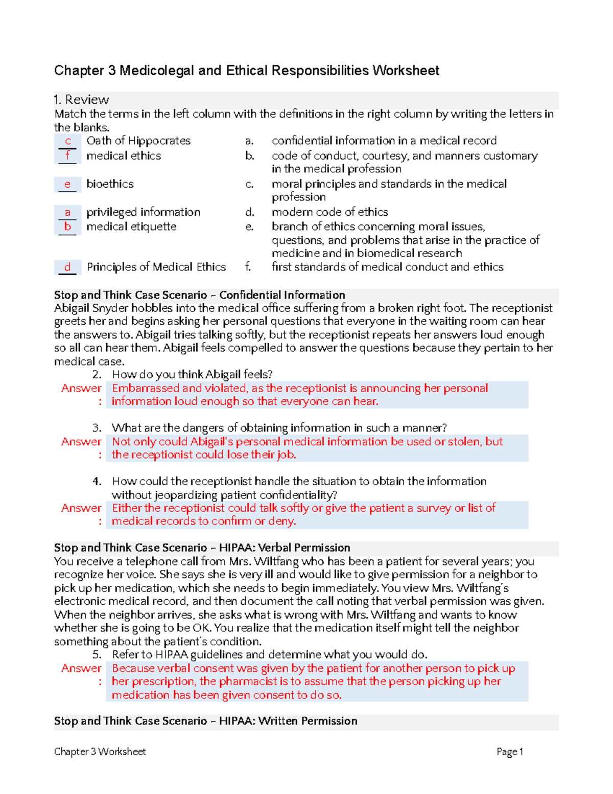 Chapter 3 Worksheet Christianson - Chapter 3 Medicolegal and Ethical ...