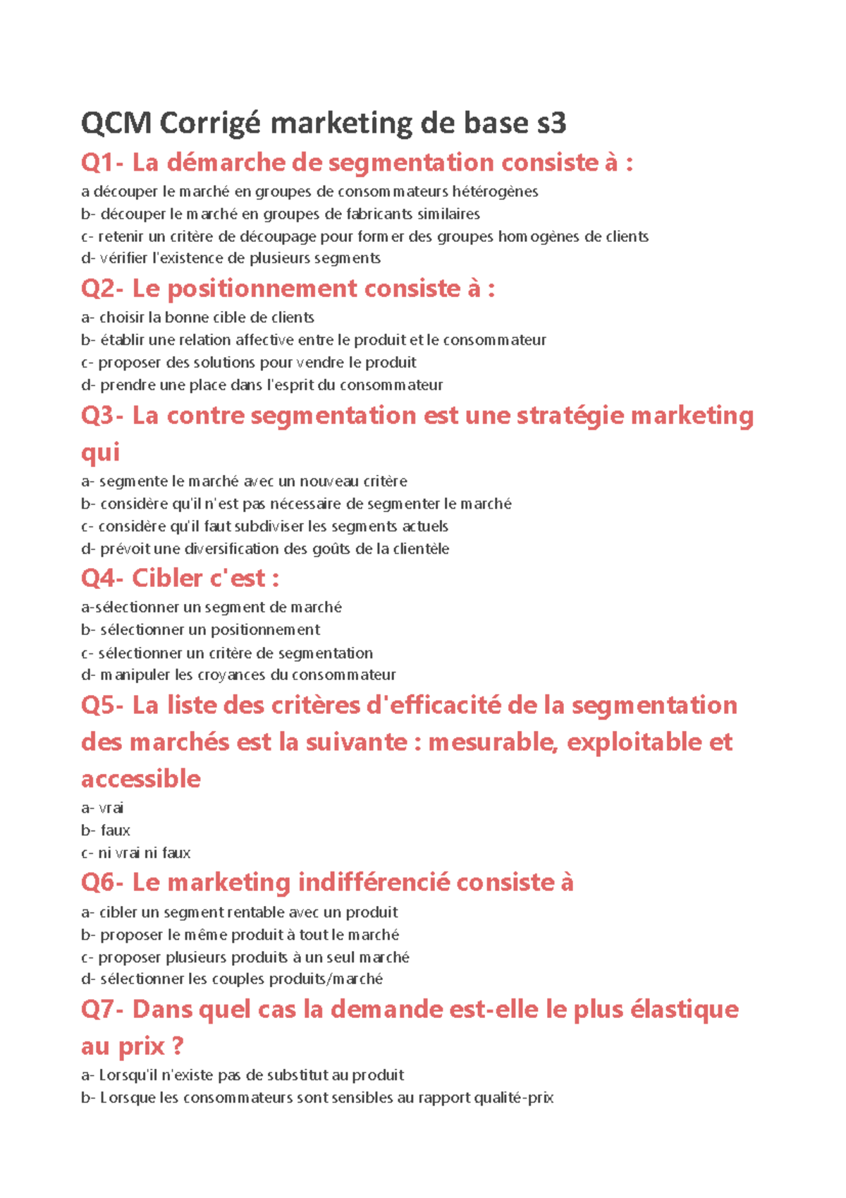 Qcm-corrige-marketing-de-base-encg-casa compress - QCM Corrigé marketing de base s Q1- La ...