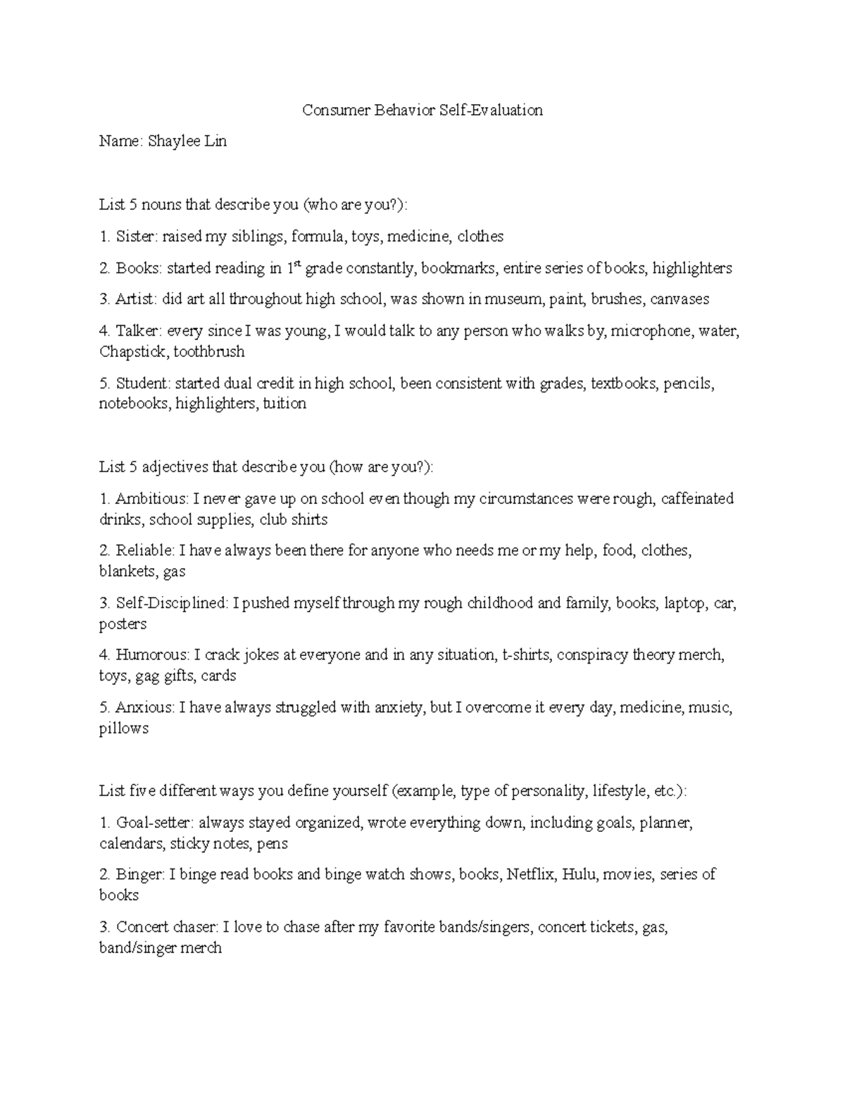 Consumer Behavior Self Evaluation - Consumer Behavior Self-Evaluation ...