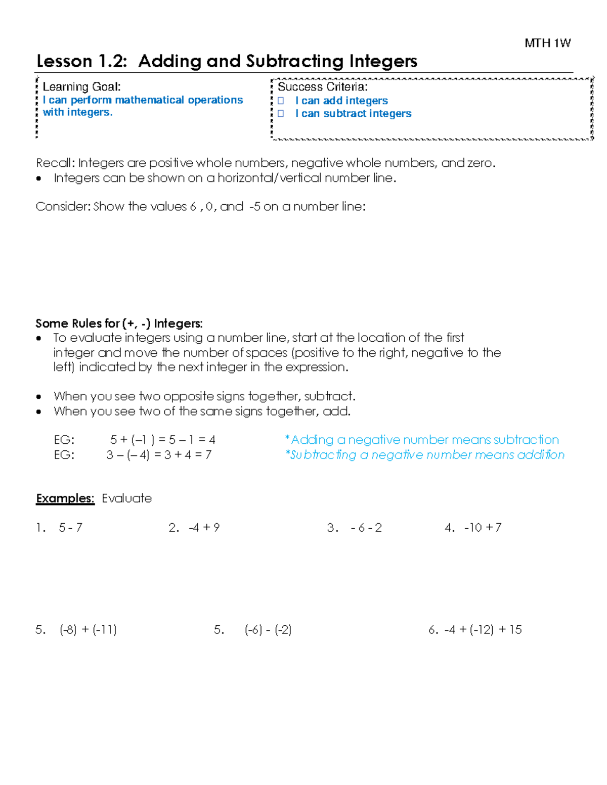 1.2 Adding and Subtracting Integers - MTH 1W Lesson 1: Adding and ...