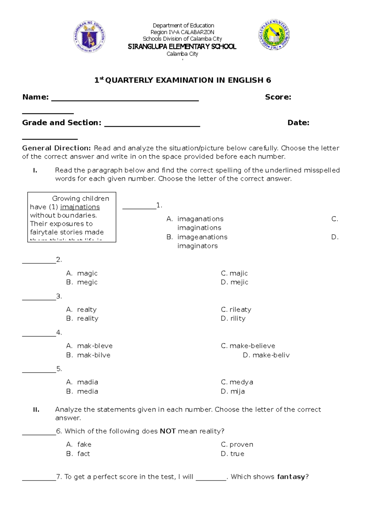1st Quarter Exam - A MELC-based examination in English 6 - Region IV-A ...