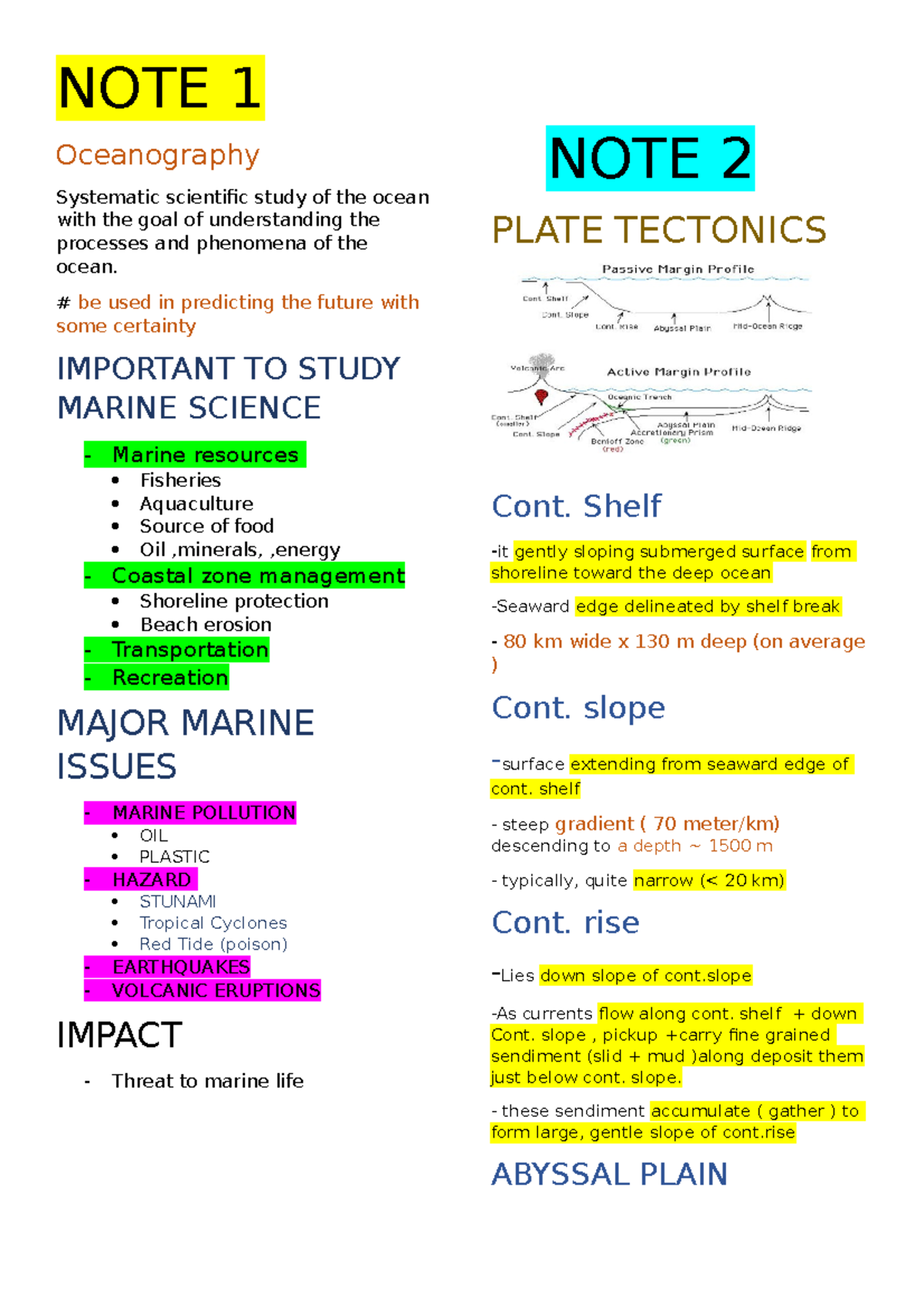 Note sains marin - Lecture notes 1-5 - NOTE 1 ####### Oceanography ...