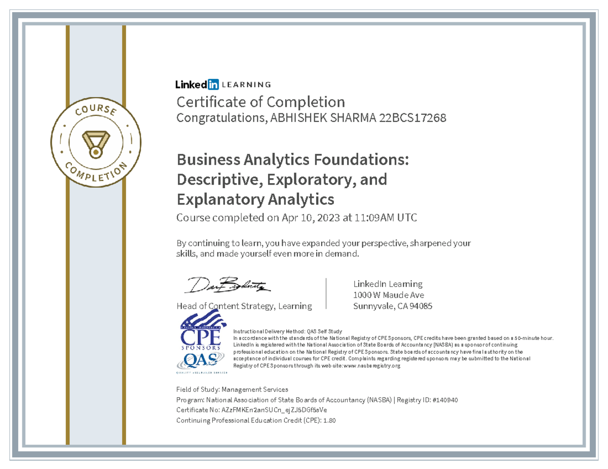 Certificate Of Completion Business Analytics Foundations Descriptive Exploratory and Explanatory ...