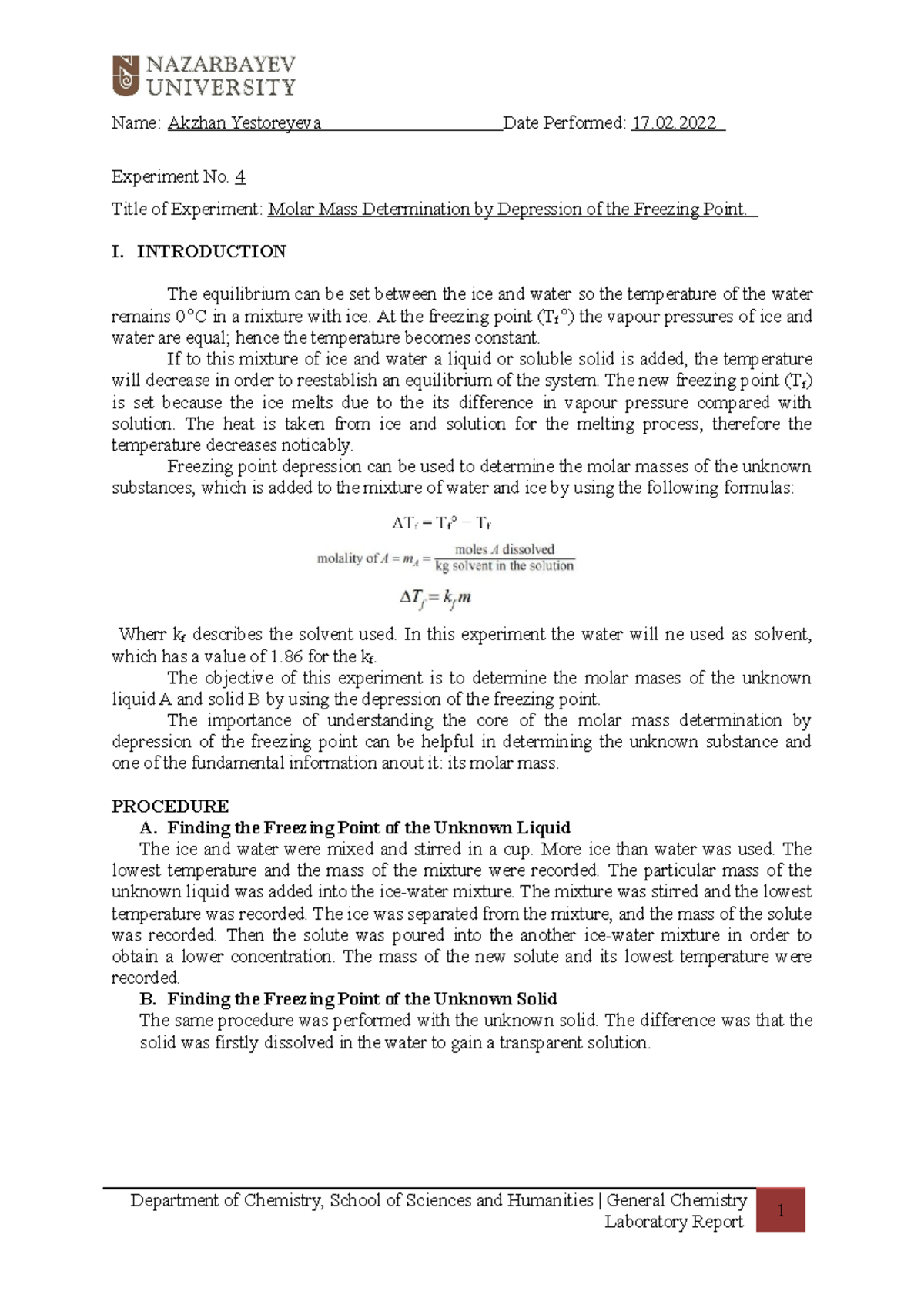 Molar Mass Determination by Depression of the Freezing Point Lab Report ...