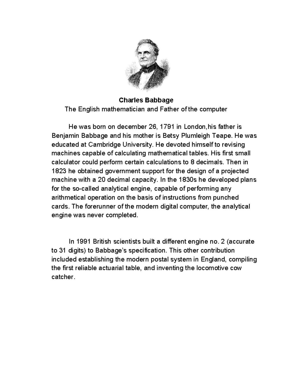 Charles Babbage - werwrwerw - Charles Babbage The English mathematician ...