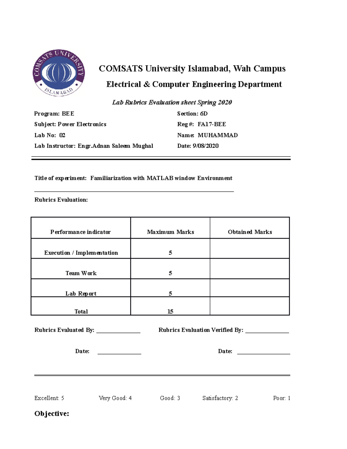 LAB02 - MATLAB Lab - COMSATS University Islamabad, Wah Campus ...