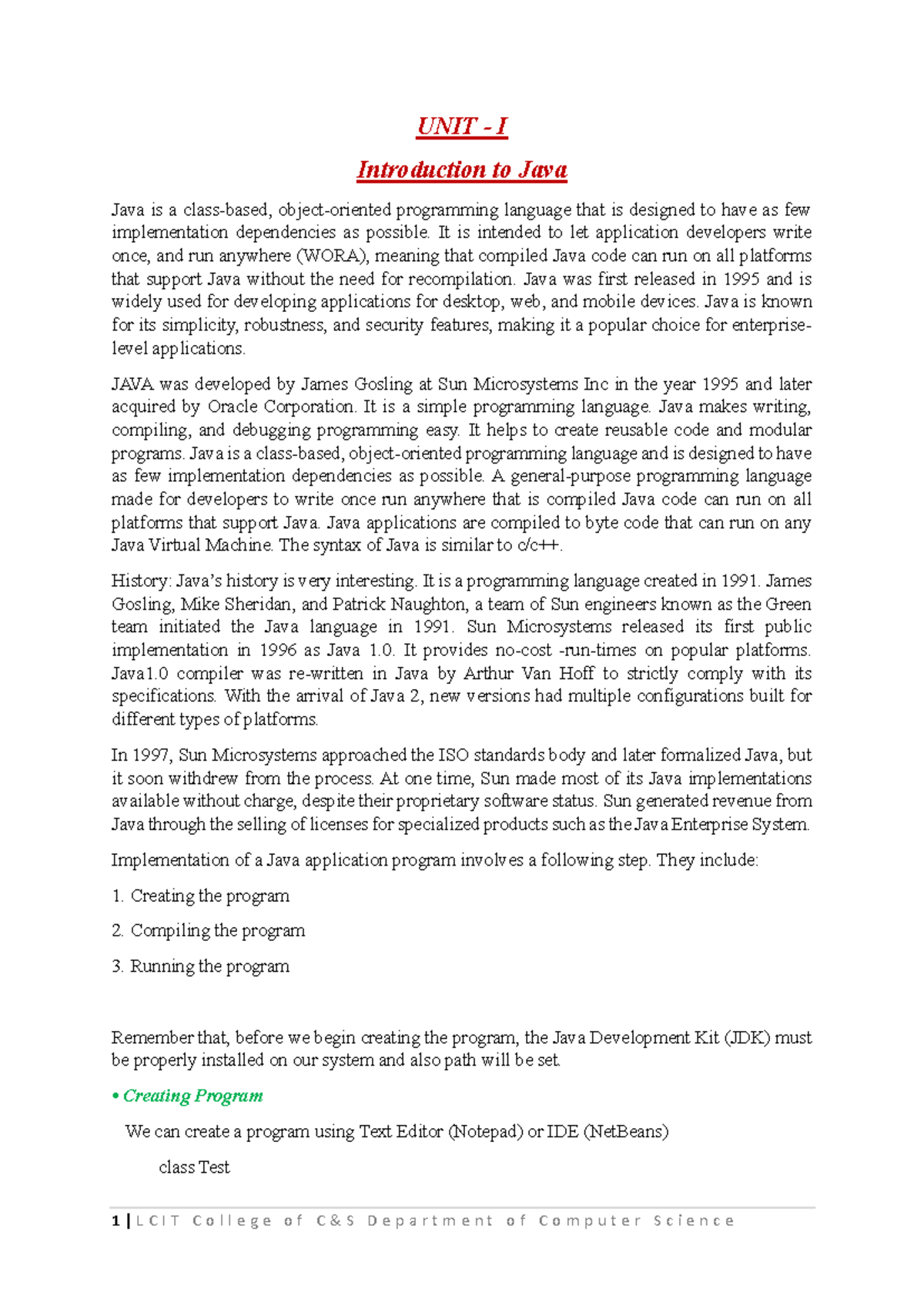 Java Unit 1 - Computer Science - UNIT - I Introduction to Java ...