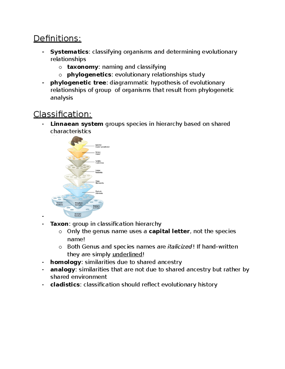 Bio 7 - Systematics - notes - Definitions: Systematics: classifying ...