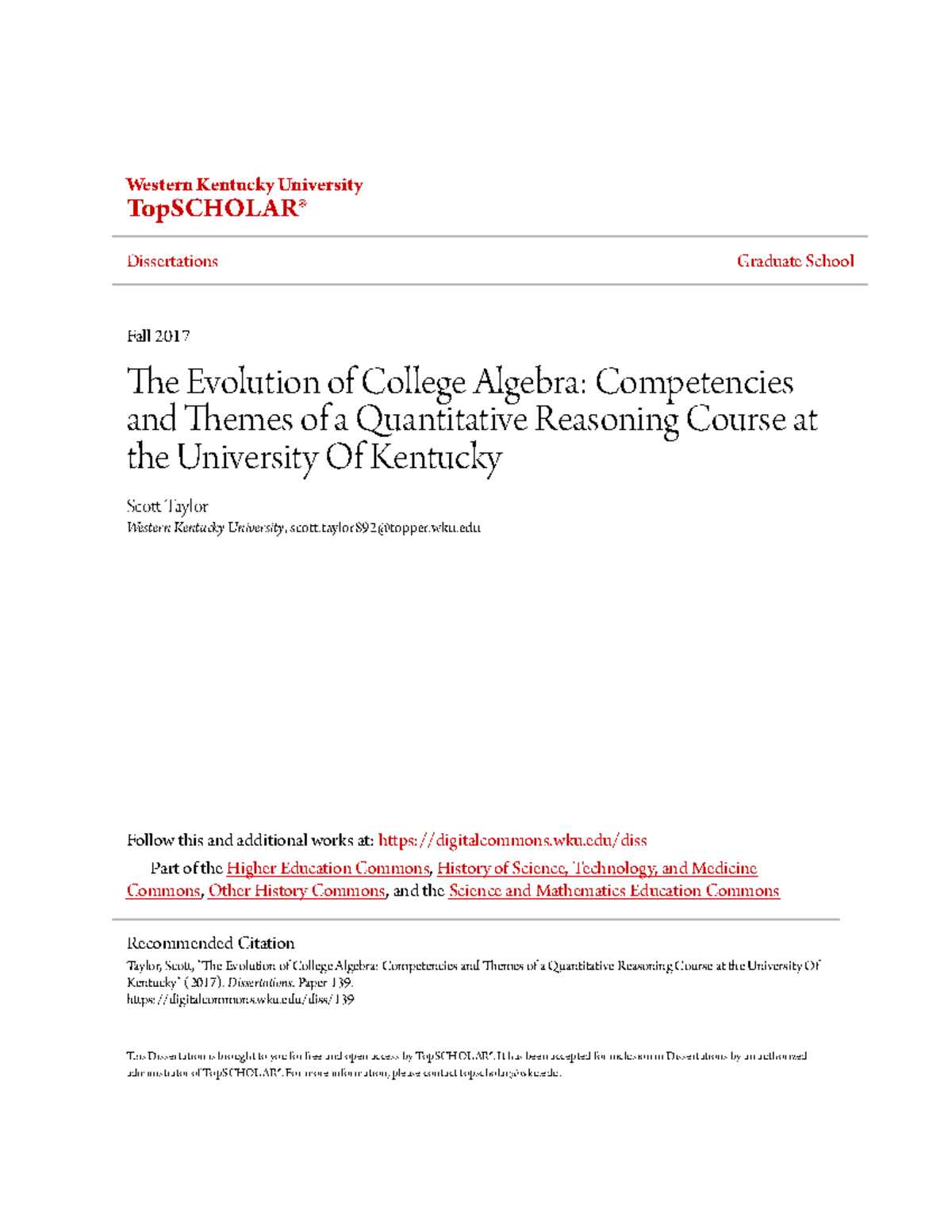 The Evolution of College Algebra Competencies and Themes of a Qu ...