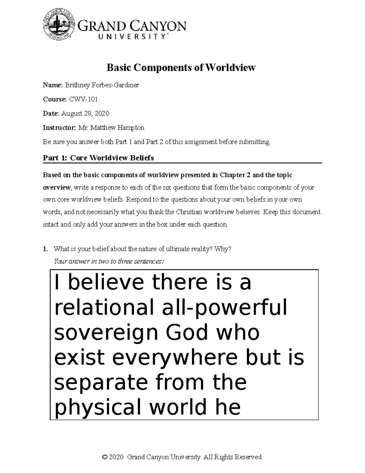 CWV 101 301 RS T1Basic Components Of Worldview - Cwv 101 - GCU - Studocu