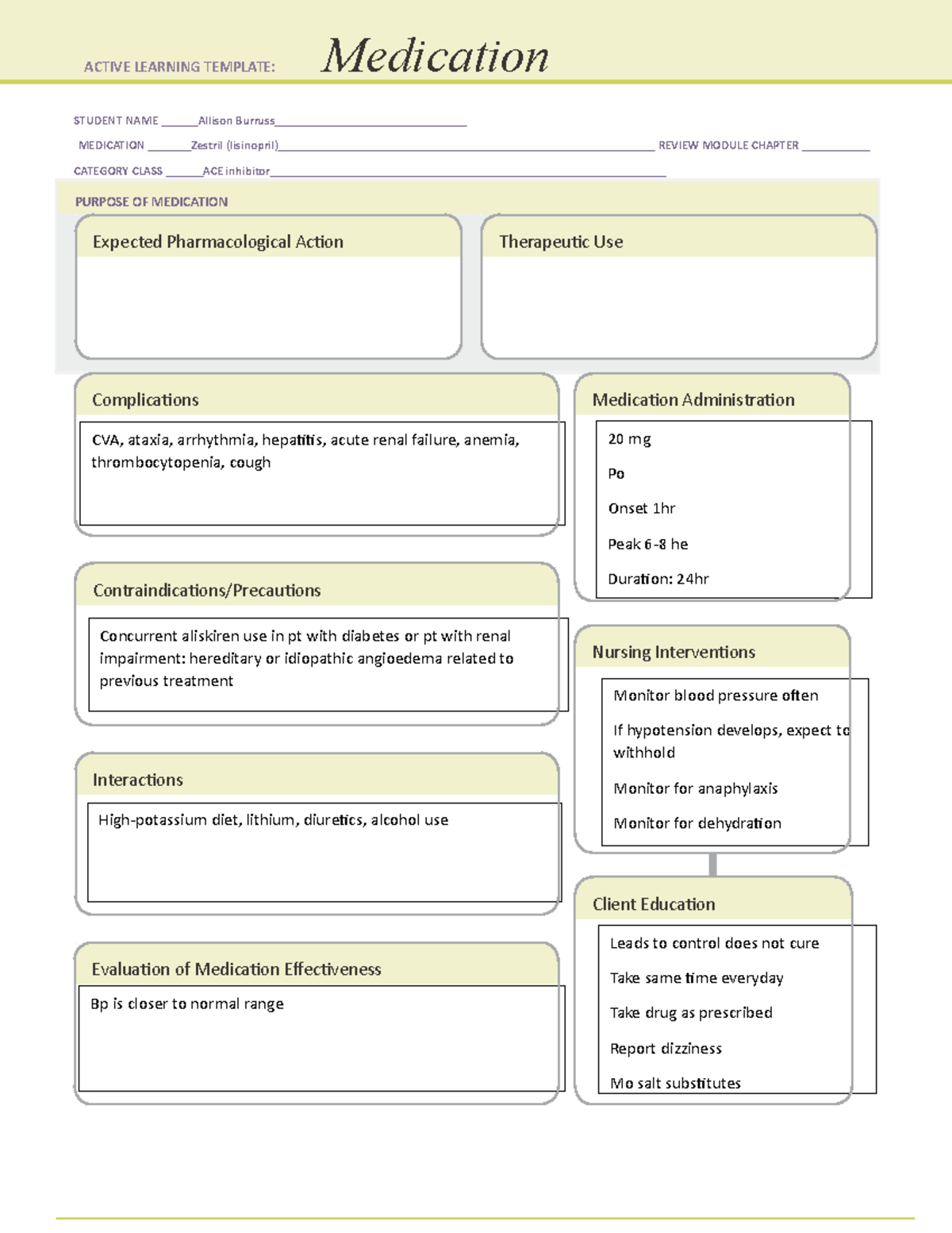 Lisinopril Med Temp - STUDENT NAME Allison Burruss ...