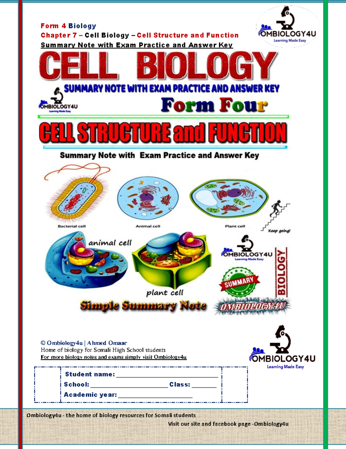 Cell Biology Summary Notes With Exam Practices By Ahmed Omaar Ombiology ...