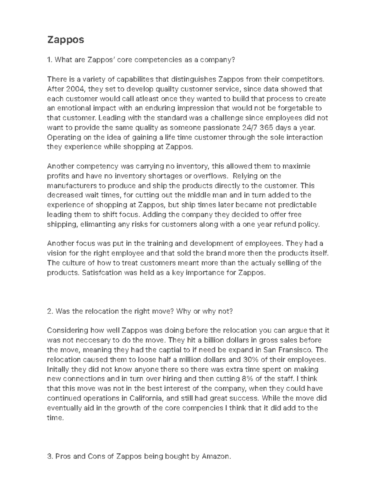 Zappos case study - Zappos What are Zappos’ core competencies as a ...