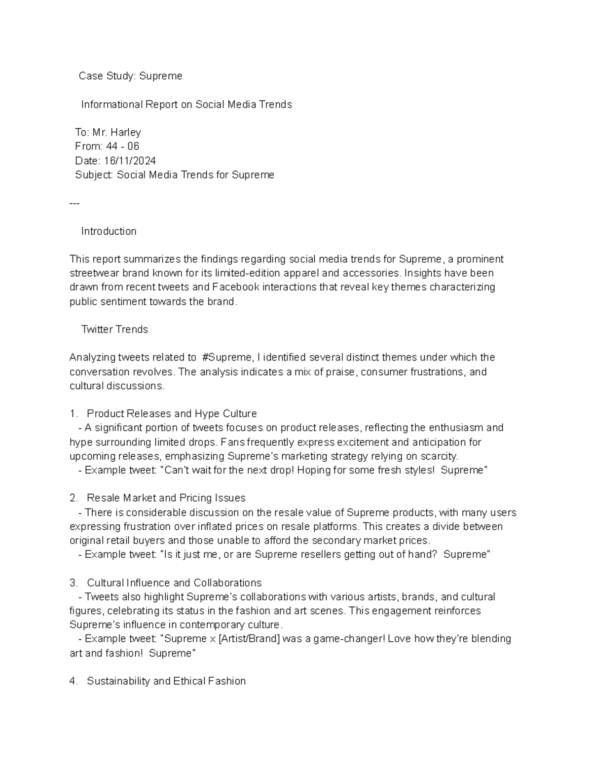 INFORMAL REPORT - Case Study: Supreme Informational Report on Social ...