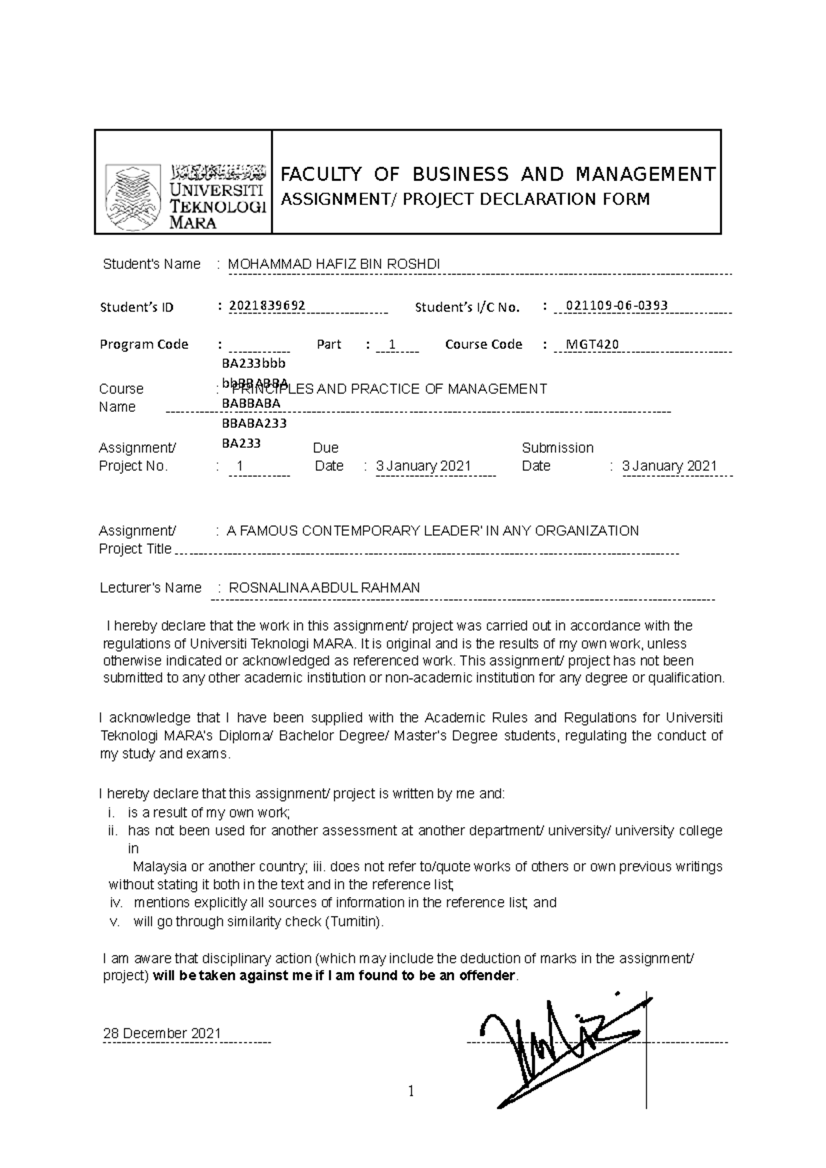 Individual Assignment 1 ( Leader) - FACULTY OF BUSINESS AND MANAGEMENT ...