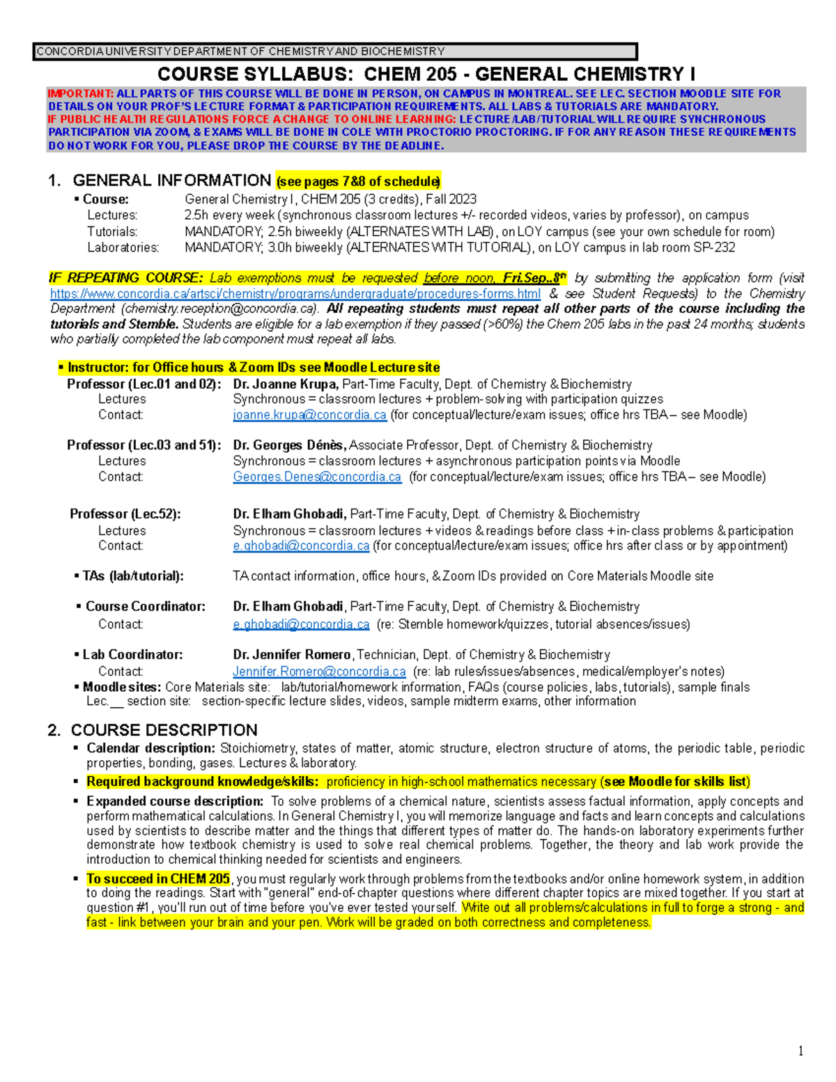Chem205-syllabus F2023 (4 Sep) - COURSE SYLLABUS: CHEM 205 - GENERAL ...