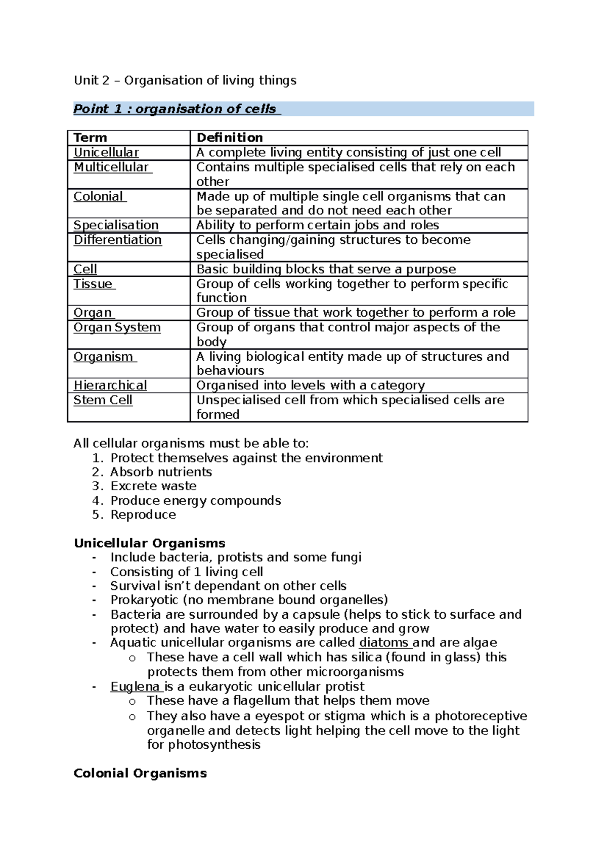 Unit 2 - Organisatio of living things - Unit 2 – Organisation of living ...
