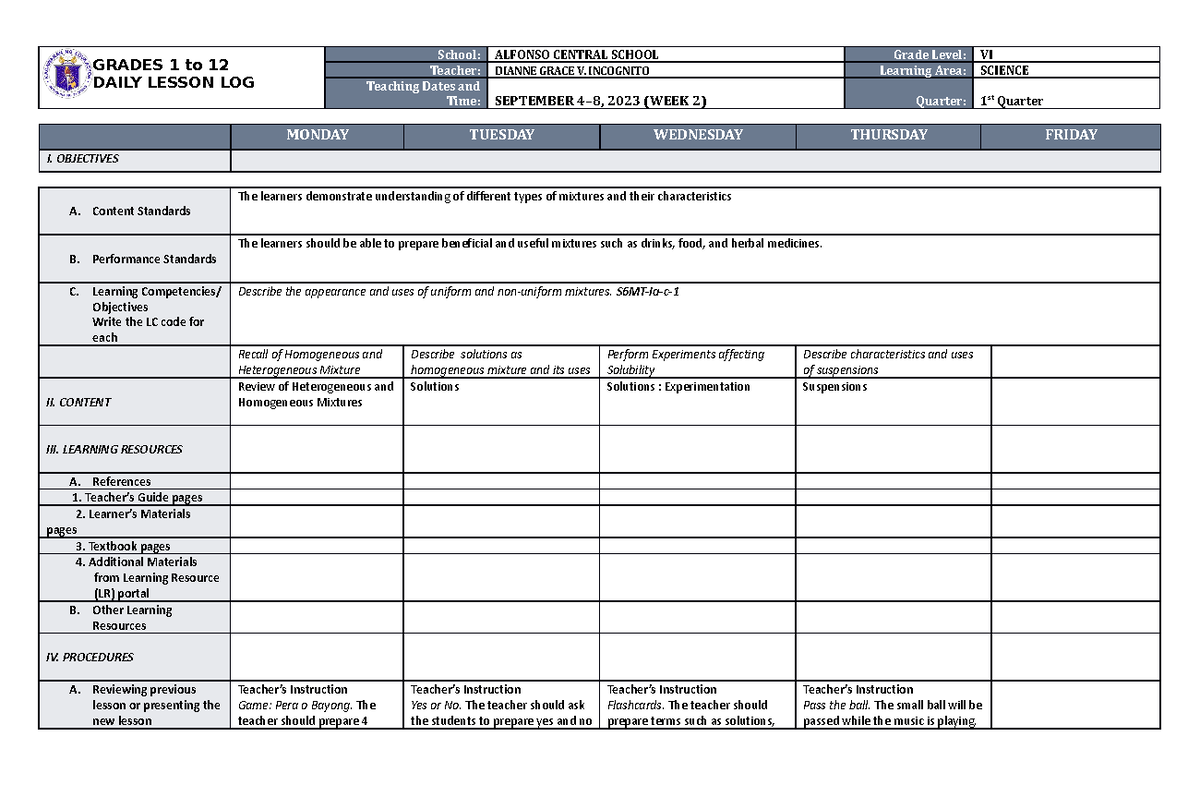 DLL Science 6 Q1 W2 - daily lesson log - GRADES 1 to 12 DAILY LESSON LOG School: ALFONSO CENTRAL ...