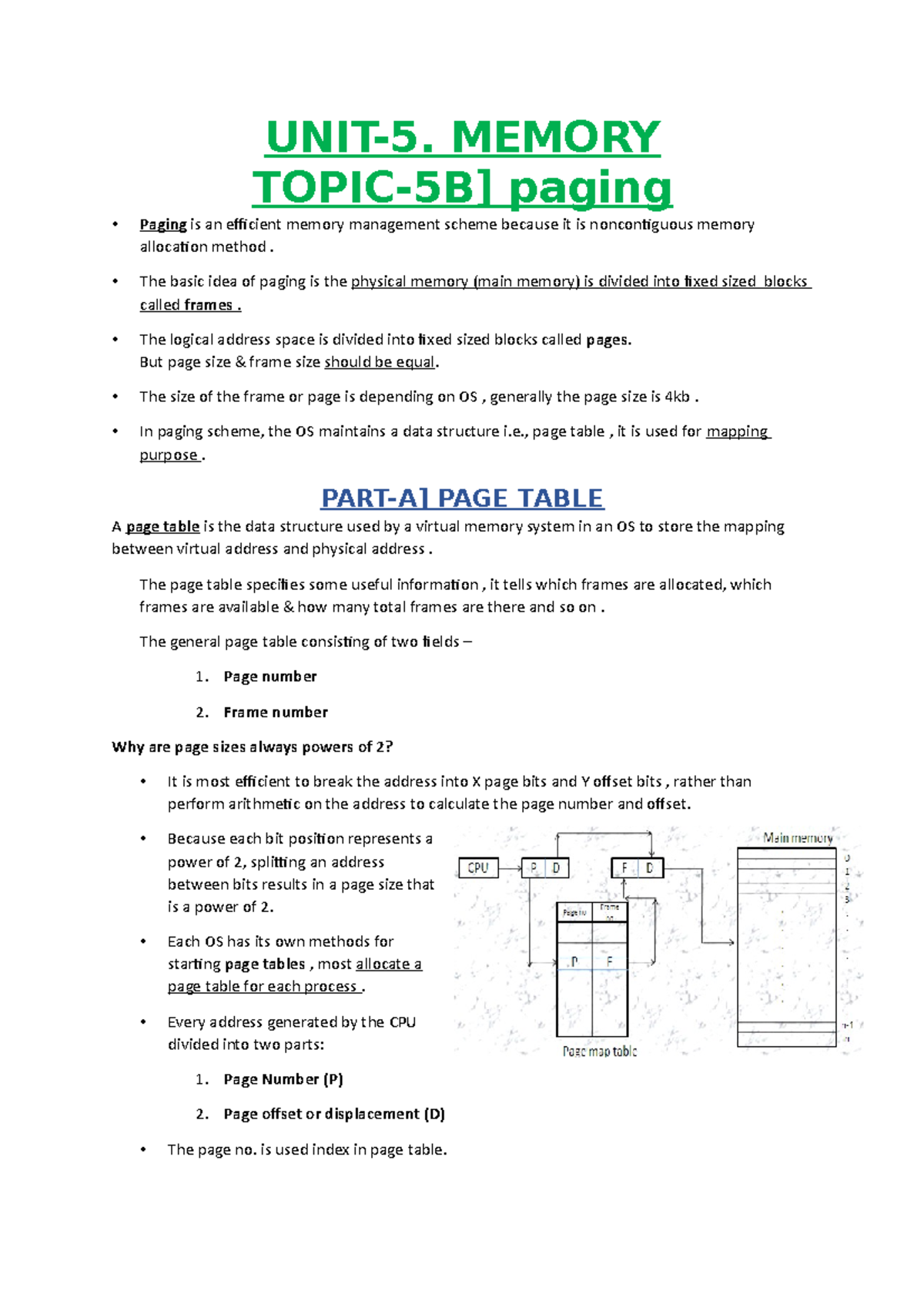 UNIT-5B Paging - This note contains the following topics: Principle of ...