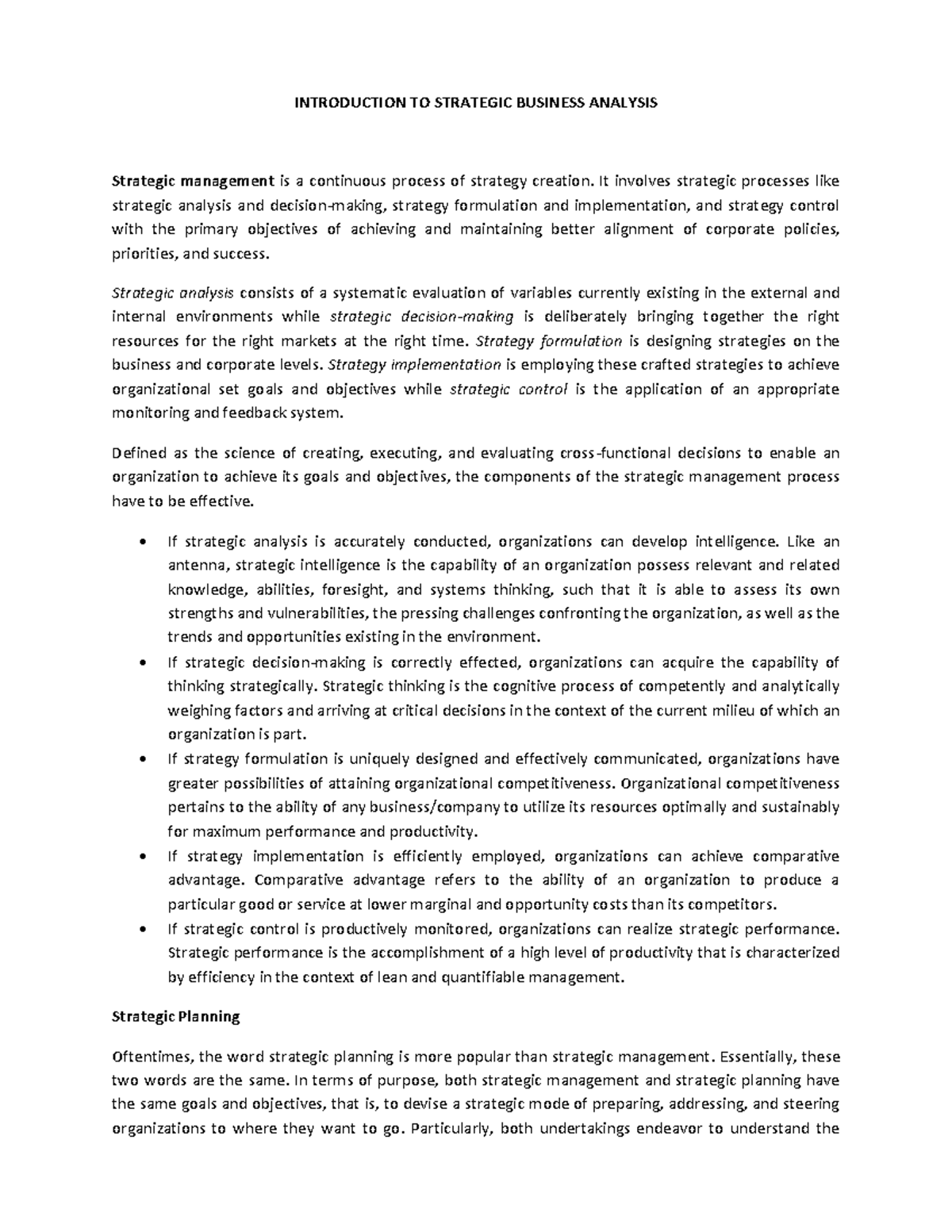 Introduction TO Strategic Business Analysis - INTRODUCTION TO STRATEGIC ...