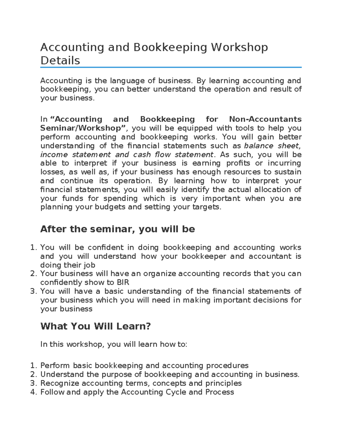 What will you learn from finacc 1 - Accounting and Bookkeeping Workshop Details Accounting is ...