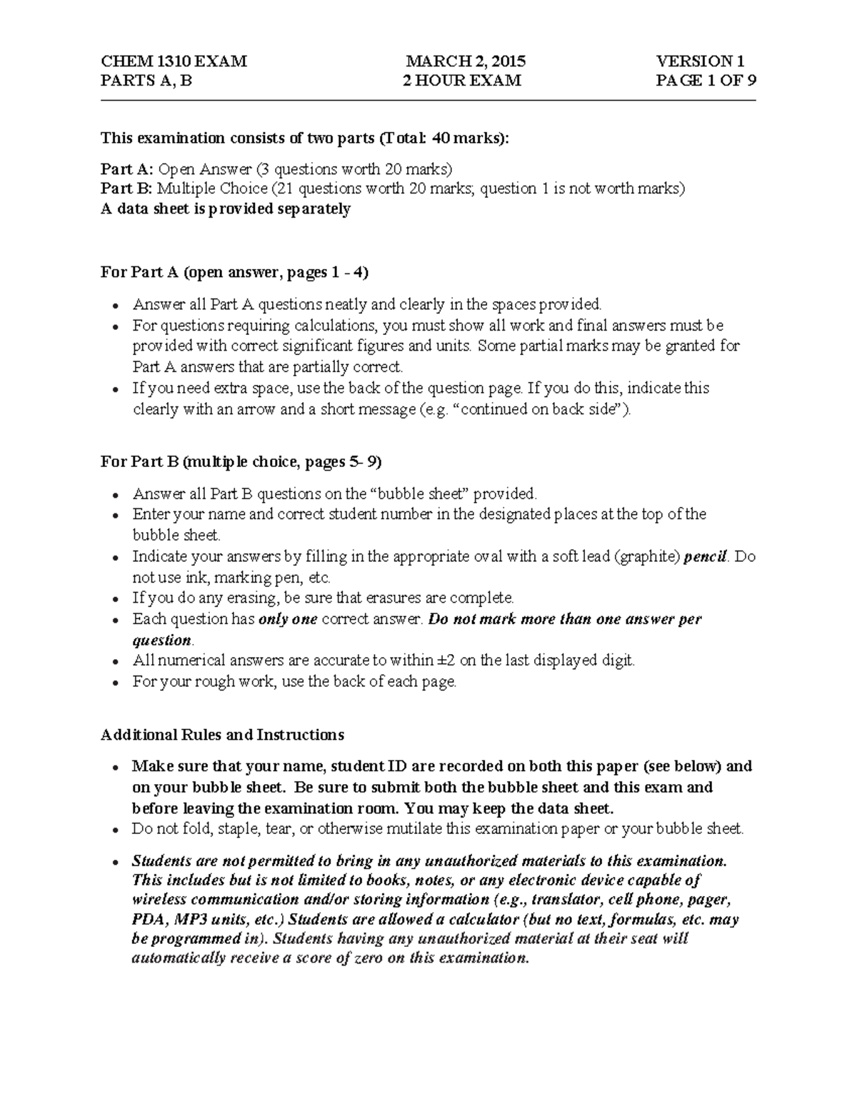 Midterm 2015 Questions and Answers - CHEM 1310 EXAM MARCH 2, 2015 VERSION 1 PARTS A, B 2 HOUR ...