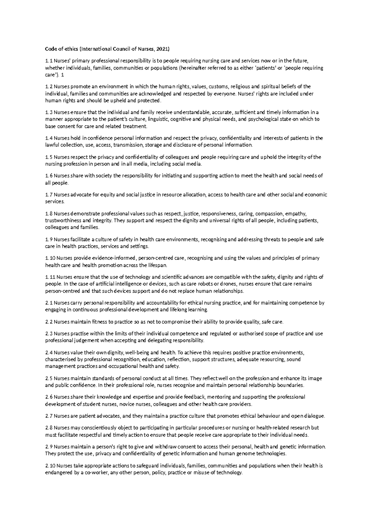 ICN Code of Ethics - Code of ethics (International Council of Nurses ...
