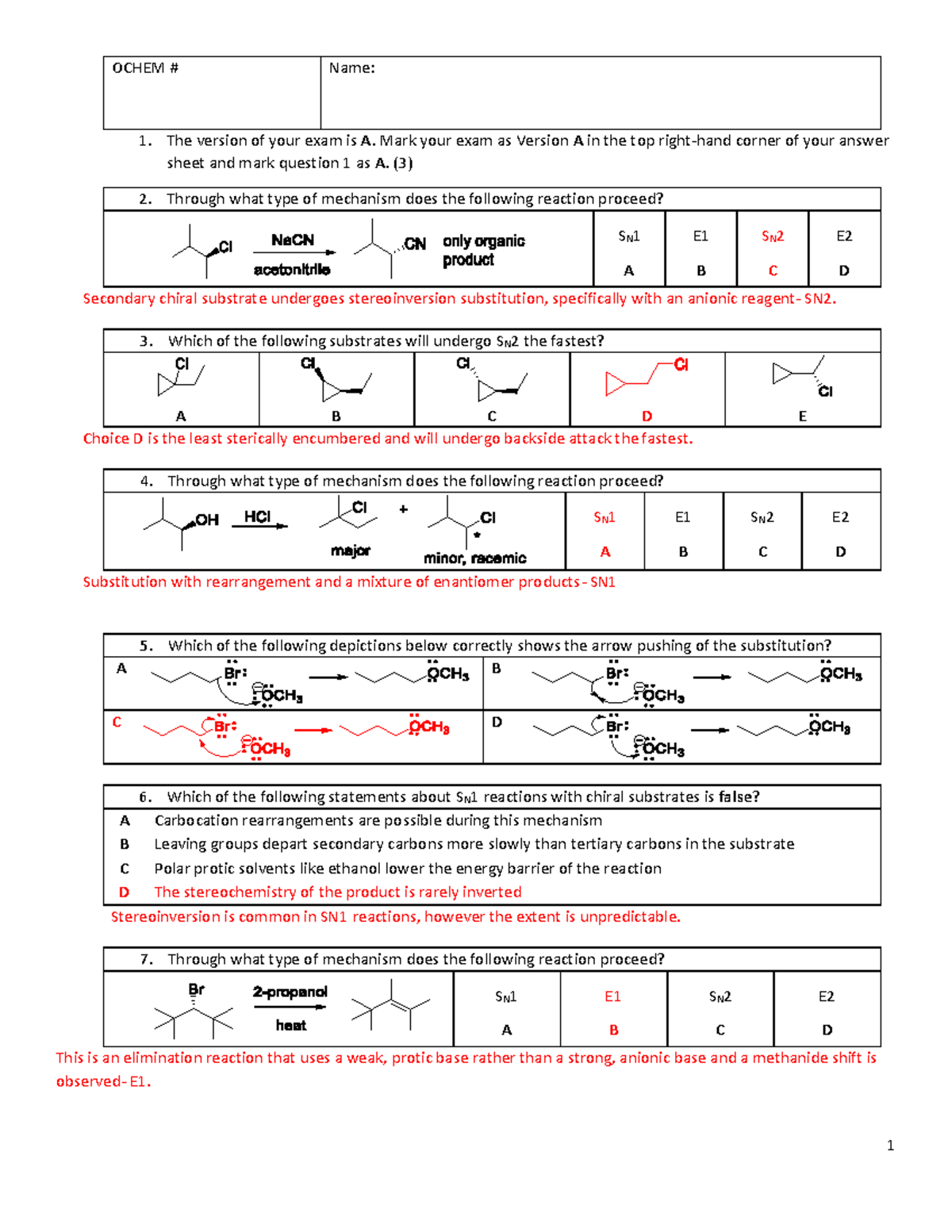 Exam 2 Final Version A KEY - OCHEM # Name: 1. The version of your exam is A. Mark your exam as ...