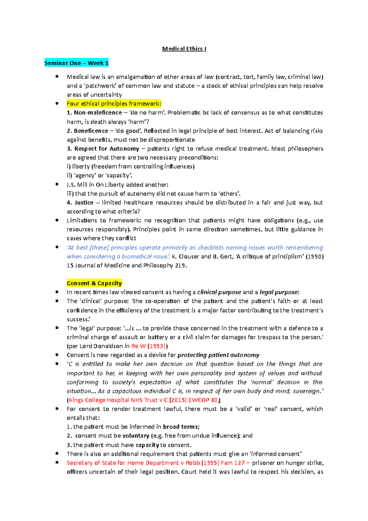 Medical Ethics I - Lecture notes - Medical Ethics I Seminar One – Week ...