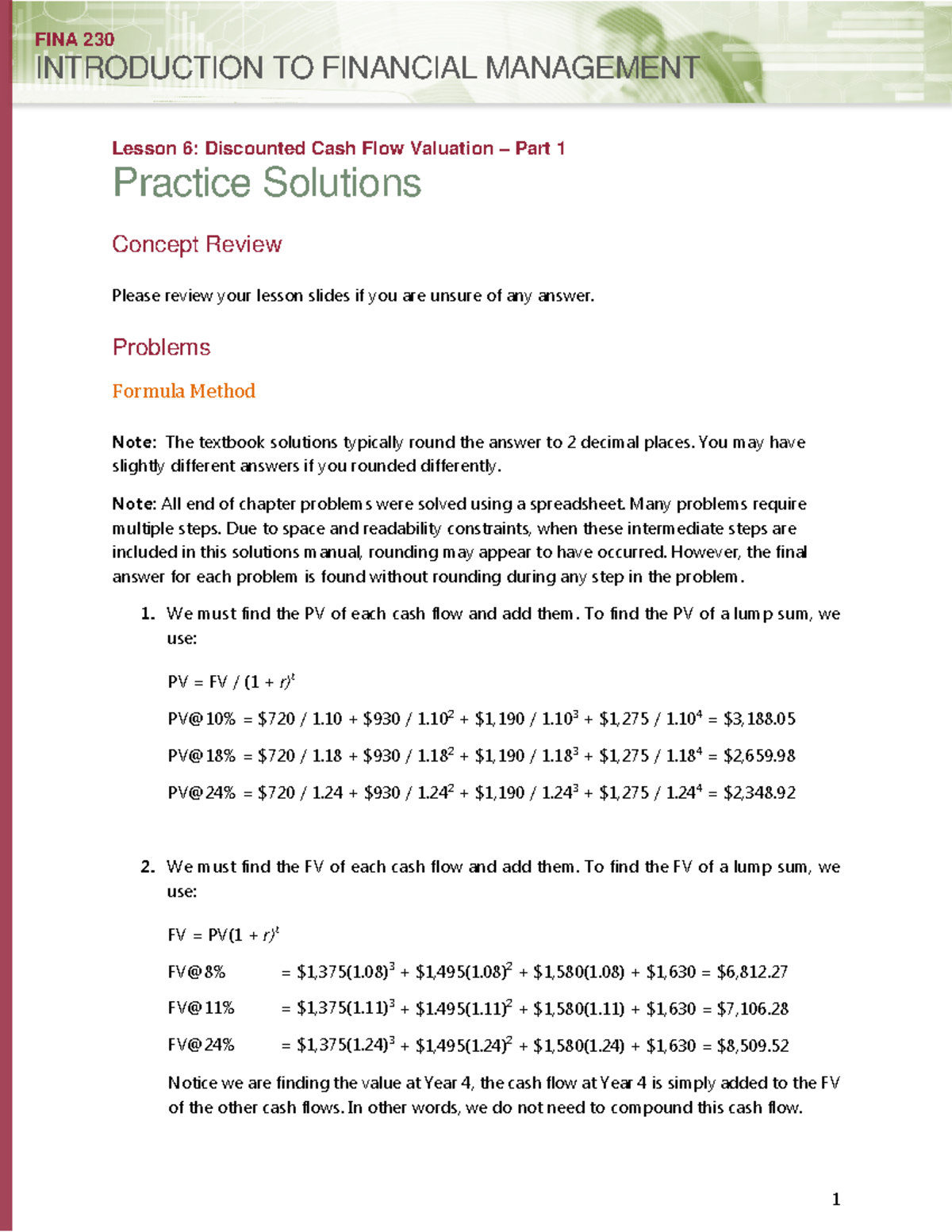 FINA230 Lesson 6 Practice Solutions - INTRODUCTION TO FINANCIAL ...