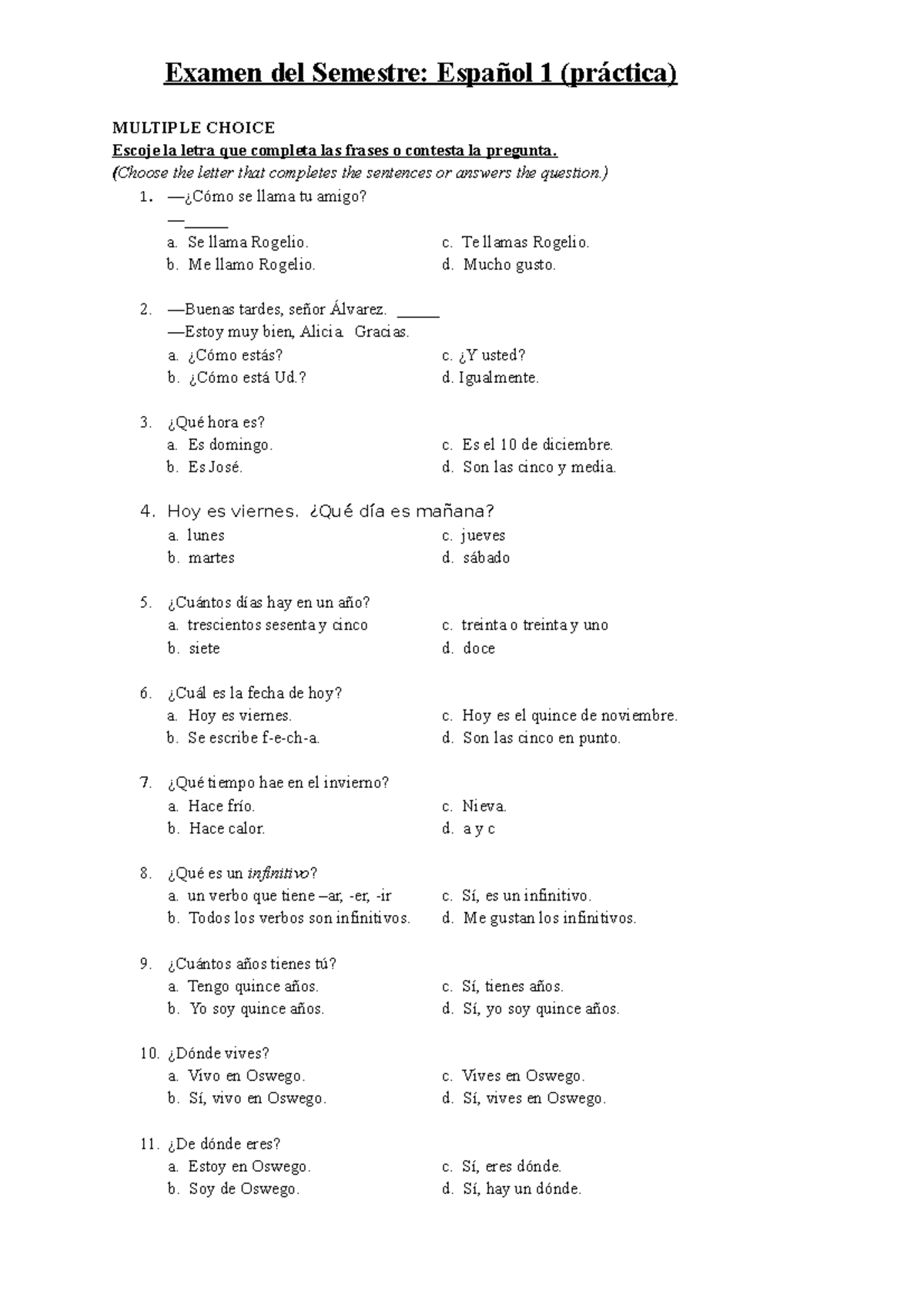 2017 2018 SP 1 Midterm Practice TEST - Examen del Semestre: Español 1 ...