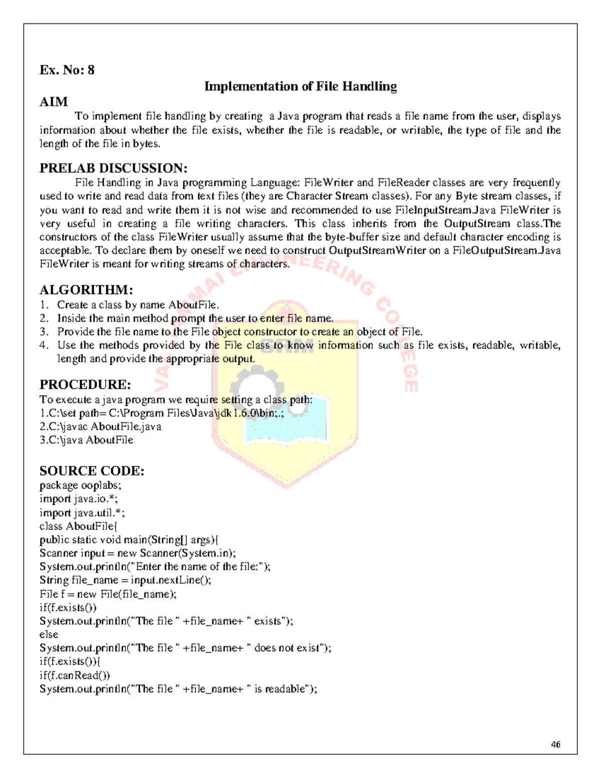 sinlge inheritance - 46 Ex. No: 8 Implementation of File Handling AIM ...