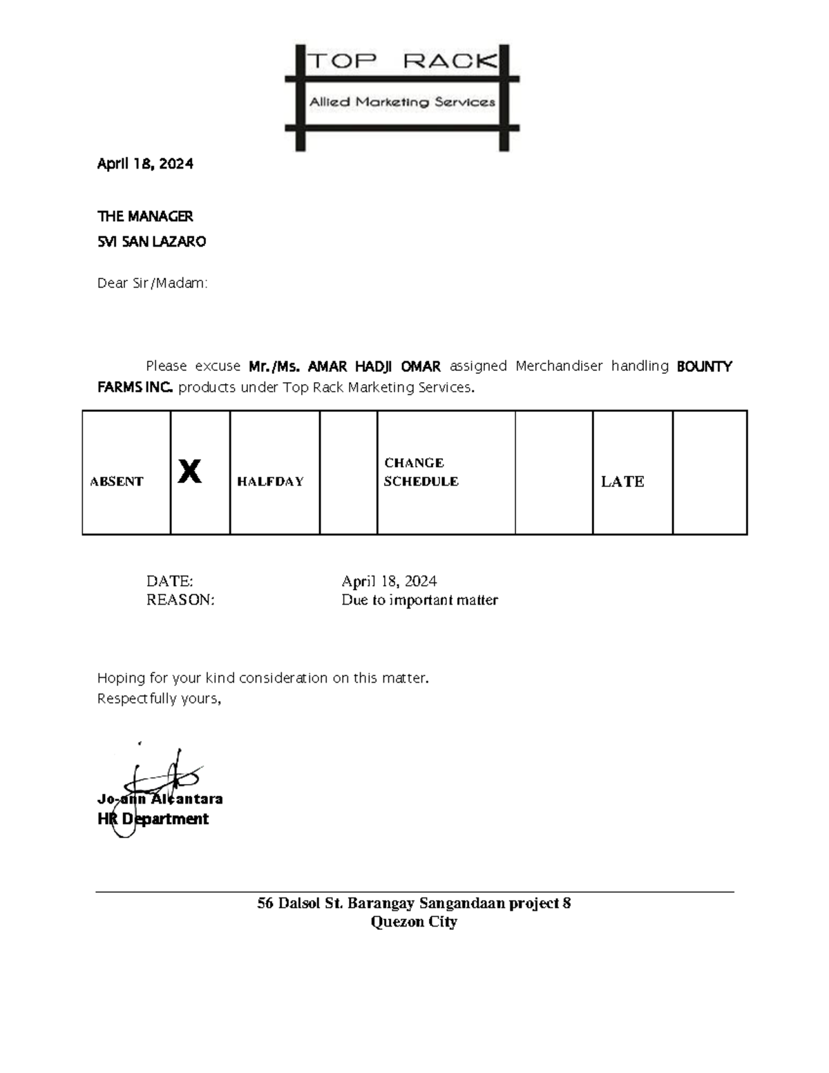 OMAR Absent Letter 04 - April 18 , 2024 THE MANAGER SVI SAN LAZARO Dear ...