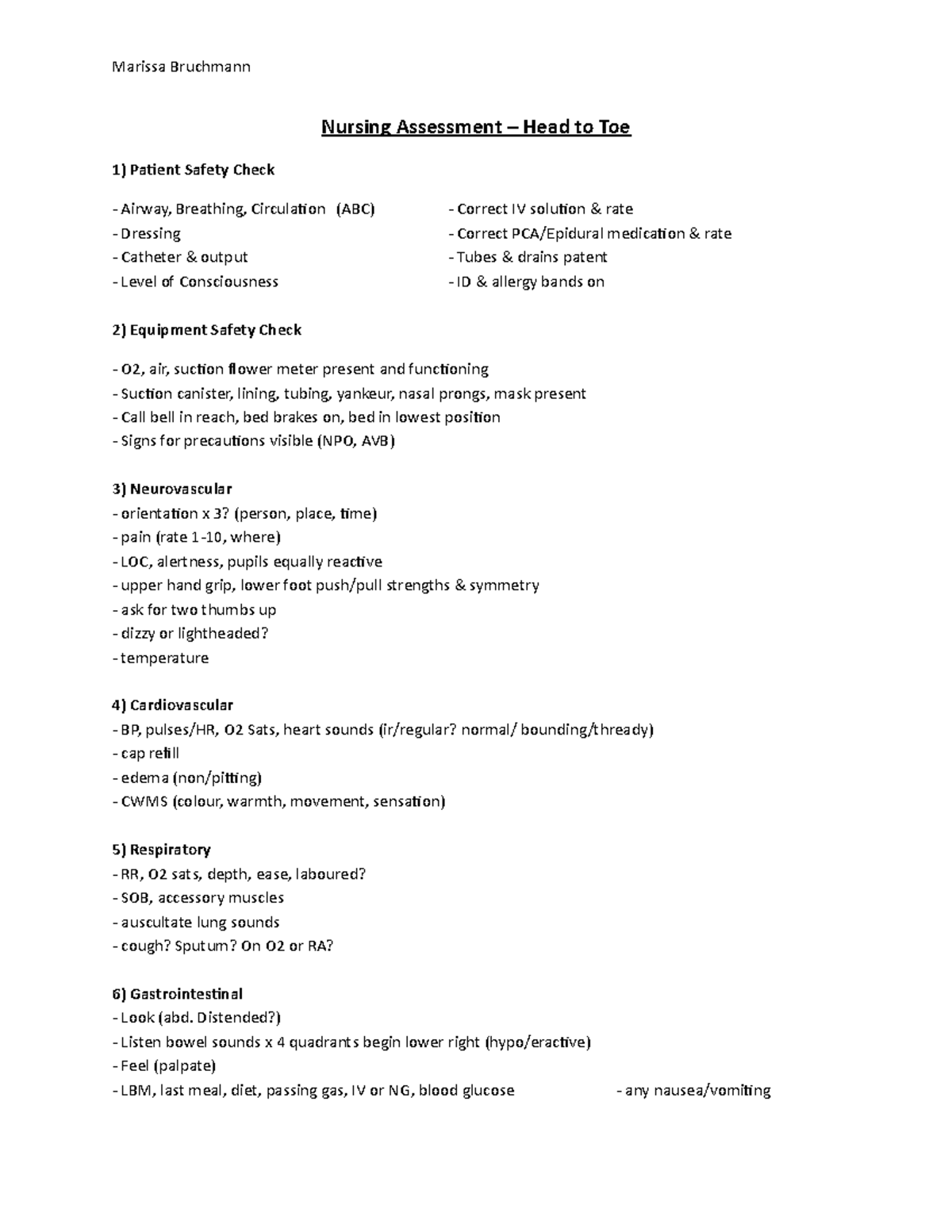 Nursing Assessment Checklist - Marissa Bruchmann Nursing Assessment ...
