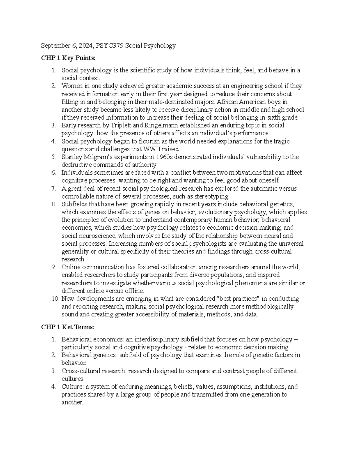 CHP 1-3 Summary - September 6, 2024, PSYC379 Social Psychology CHP 1 ...
